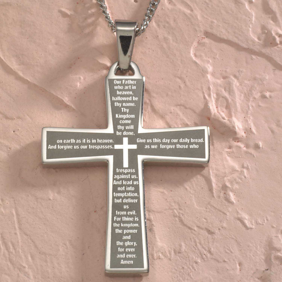 Stainless Steel Lord's Prayer Cross Pendant Necklace - Religious Jewel ...